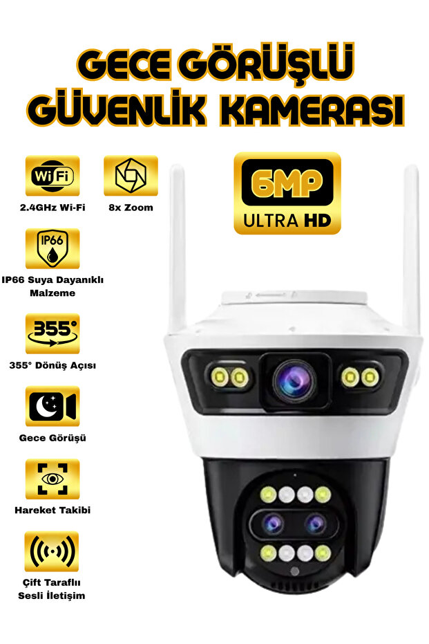 Enshall 6MP 6K ULTRA HD 3 Lensli 8XZOOM Dış Mekan Gece Görüşlü Akıllı ...