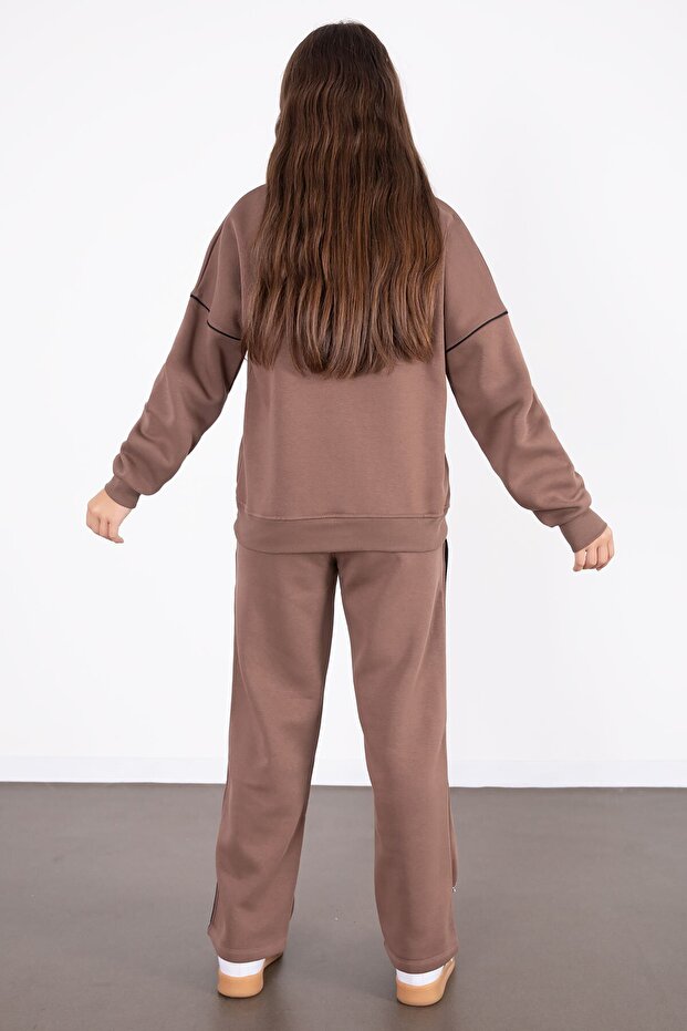 Cansın Mini Brown Sequin Embroidered Hooded Girl's 2-Piece Tracksuit ...