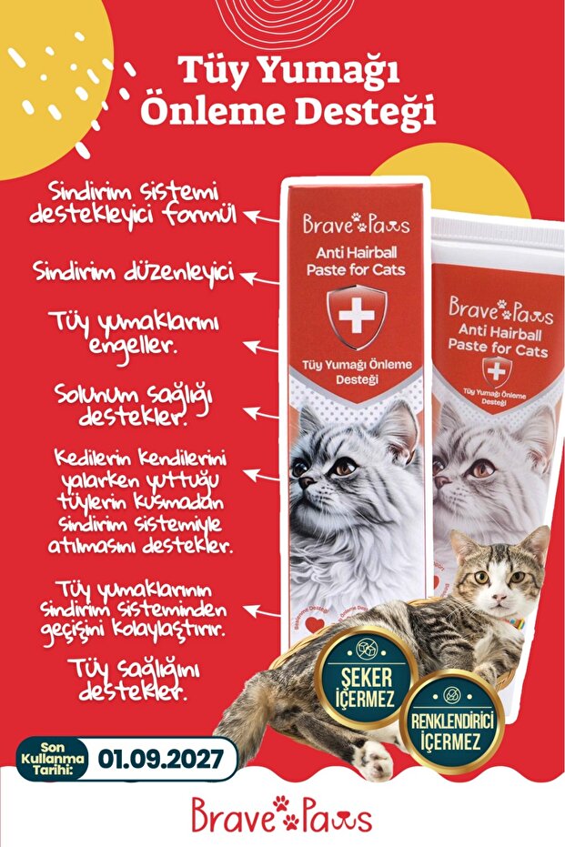 BRAVE PAWS Anti-Hairball Malt Macun Kedi Maltı Kediler İçin Tüy Yumağı ...