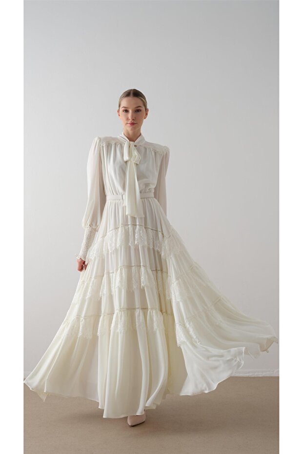 miha Hicran Önal SKIRT FLOOR TIE GARNED LONG DRESS Ecru- Trendyol