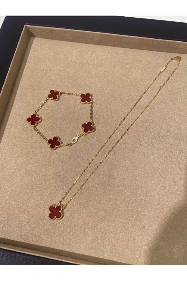 ANGELSS JEWELLERY Yonca Model Bordo Kolye Bileklik Çelik Set (Van ...