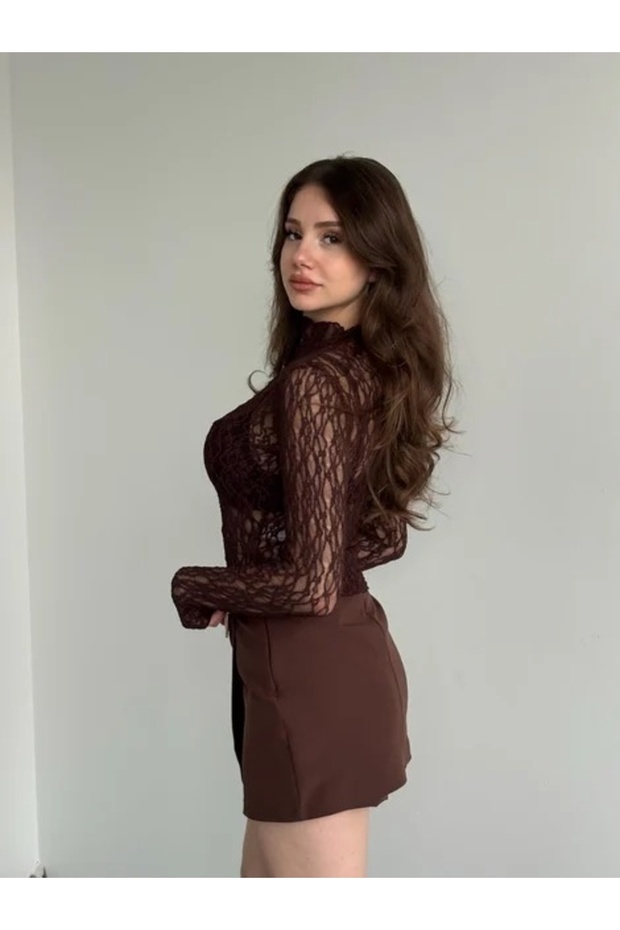 MAMAYAGA بلوزة نسائية نصف الياقة المدورة من الدانتيل المرن بالكامل ...