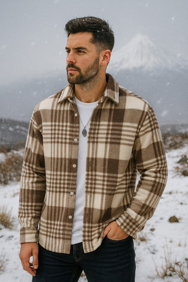 YNGMENCLASS Cotton Textured Enine Line Pattern Fleece Shirt- Trendyol