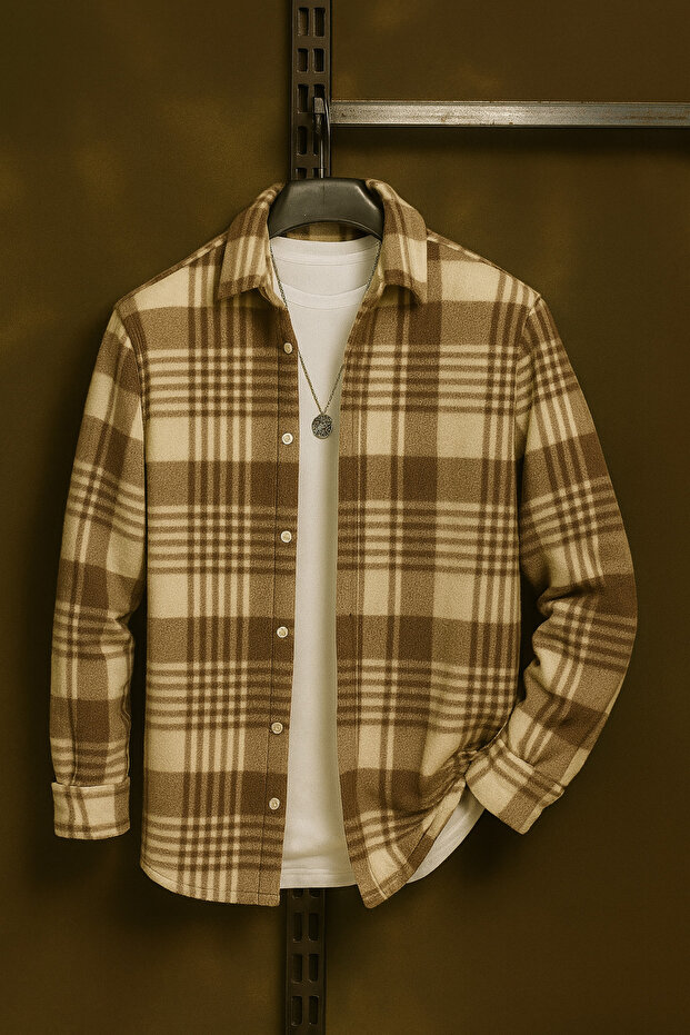 YNGMENCLASS Cotton Textured Enine Line Pattern Fleece Shirt- Trendyol