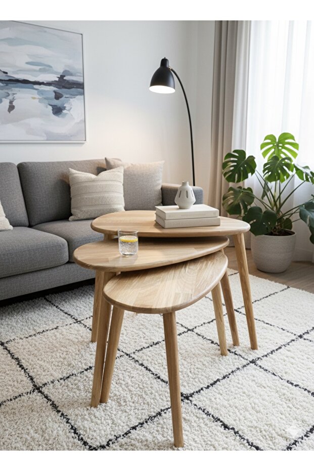 Dekor Bemerg Luna 3’lü Zigon Sehpa – Masif Kayın Ahşap, Doğal Renk ...