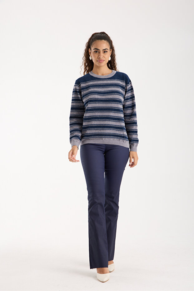 Clothes Fast Kadın Laci-Gri Çizgili Çapraz Kontrast Dikiş Detaylı Şönil ...