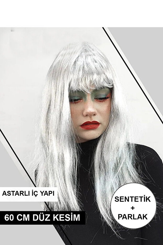 Tamsena Store 60 cm Platin Gri Uzun Parti Peruğu | Sentetik Parlak Düz ...