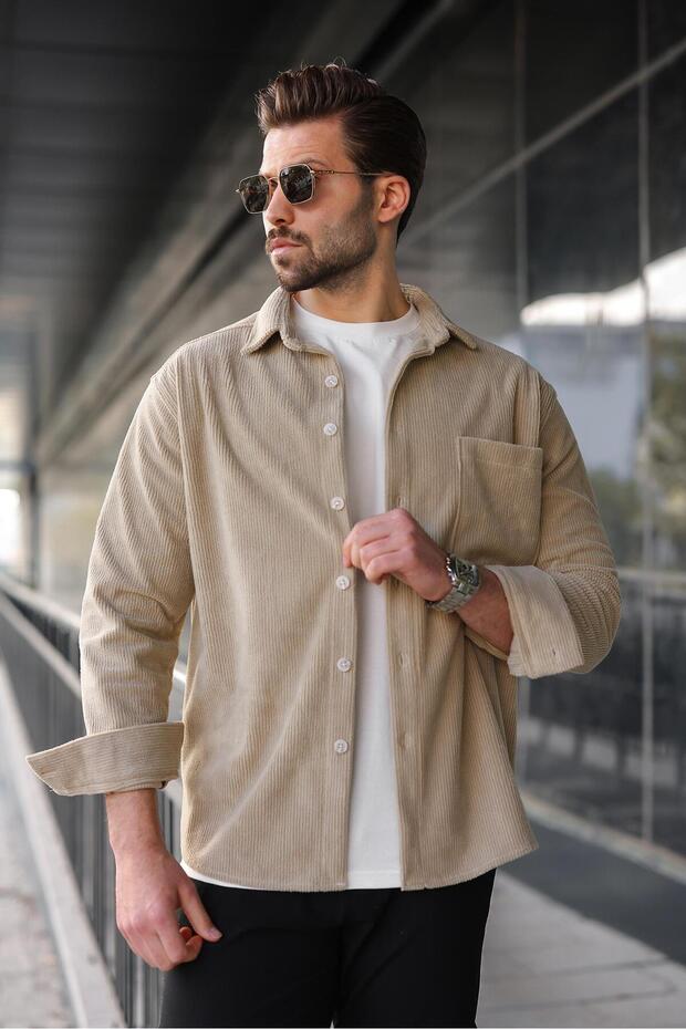 Madmext Bej Düğmeli Kadife Erkek Gömlek E6766 - Fiyatı, Yorumları