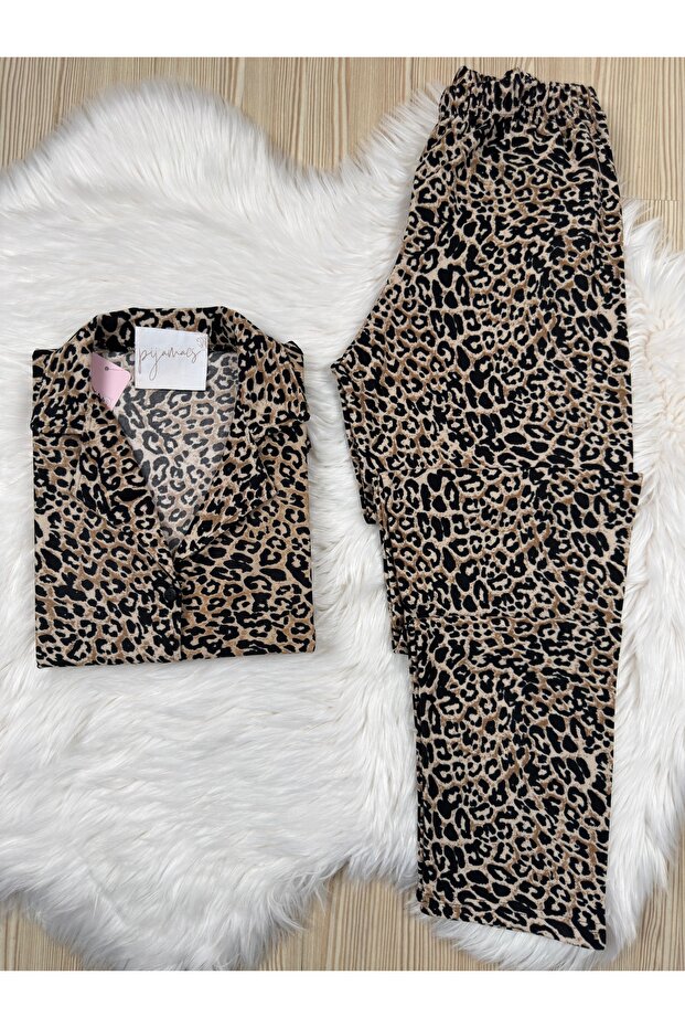 Pijamacs Set de pijamale maro imprimeu leopard din piele intoarsa cu ...