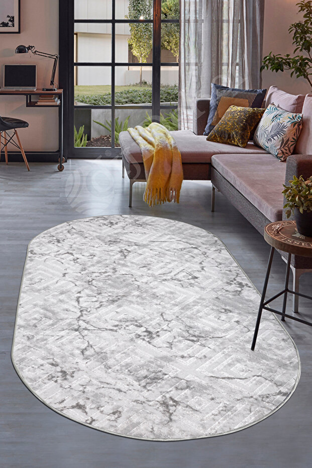Dijidekor KAROBİ Oval Saçaksız Halı GRİ Silinebilir Yolluk 80x100 ...