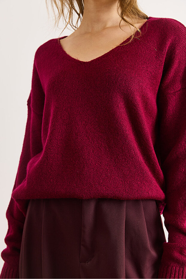 Olalook Women's Burgundy V-Neck Soft Textured Knitwear Sweater Kzk ...