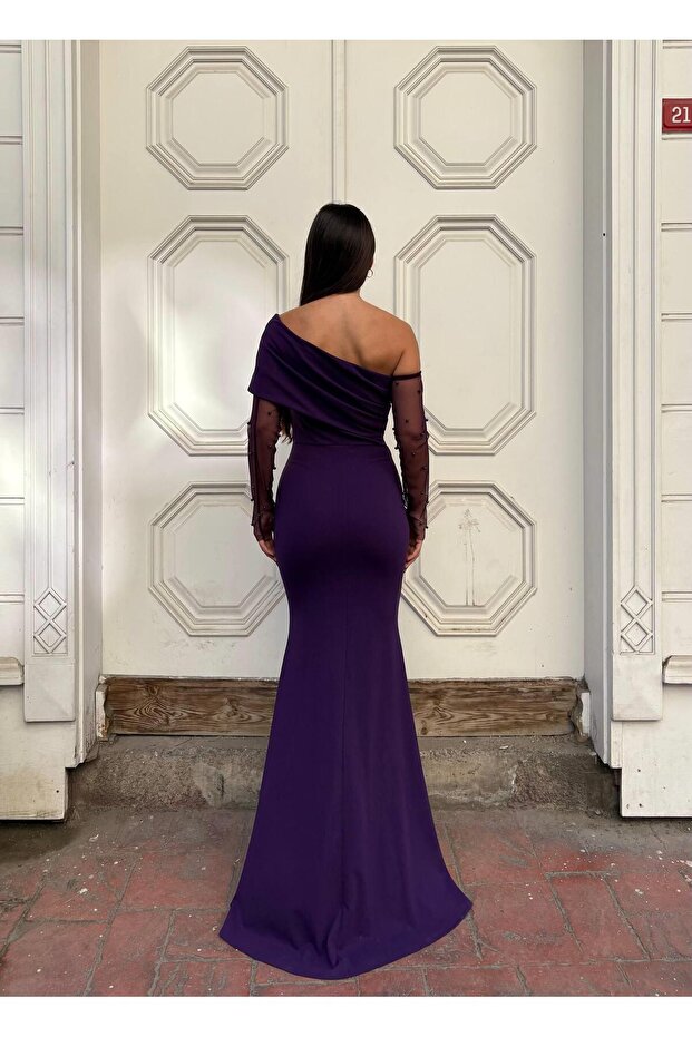 Modafeminen Crepe Flexible Fabric Sleeve Tulle Pearl Detail Evening ...