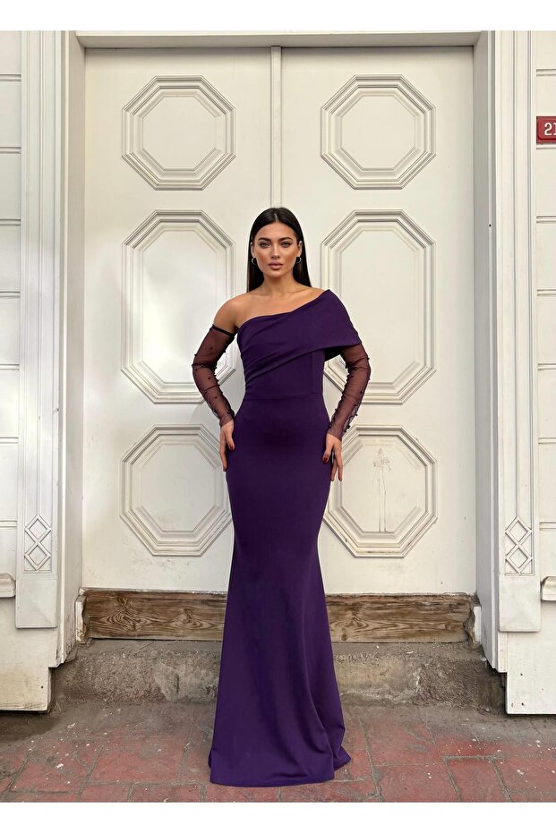 Modafeminen Crepe Flexible Fabric Sleeve Tulle Pearl Detail Evening ...