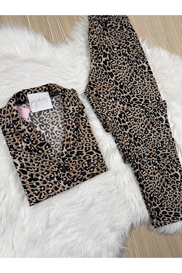 Pijamacs Set de pijamale maro imprimeu leopard din piele intoarsa cu ...
