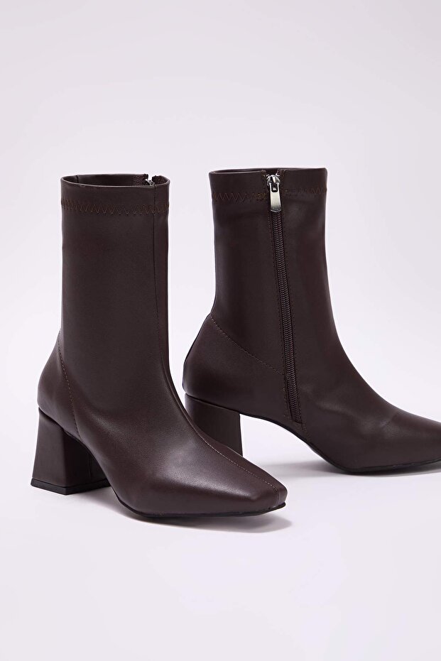 Trendyol Shoes Brown Stretch Zippered Women's 7 cm Block Heeled Boots ...