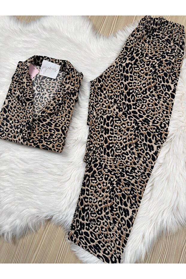Pijamacs Set de pijamale maro imprimeu leopard din piele intoarsa cu ...
