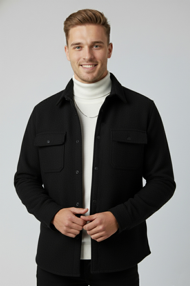 DeepSea Men's Black Cashmere Jacket Coat – Relaxed Fit Pocketed Snap ...