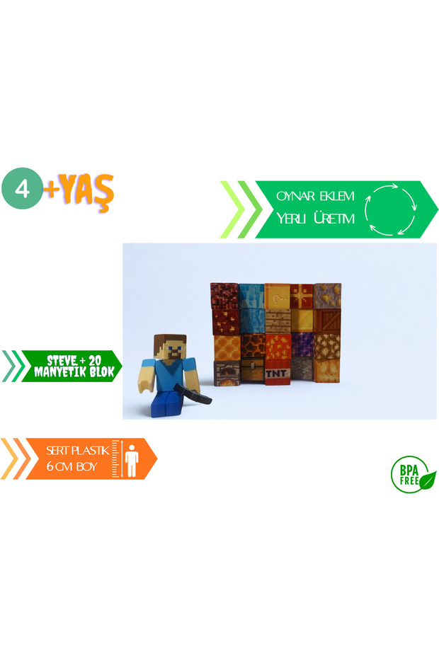 RoRoToys Minecraft Tarzı Mini Figür Steve +20’li (Rastgele blok ...