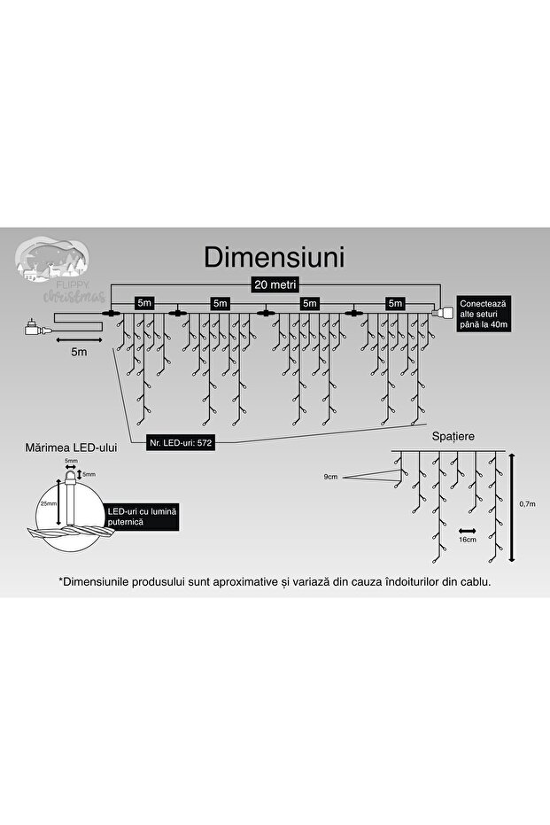 OEM Χριστουγεννιάτικη εγκατάσταση, 20 μ., 572 LED, Κρόσσια, Ψυχρό λευκό ...