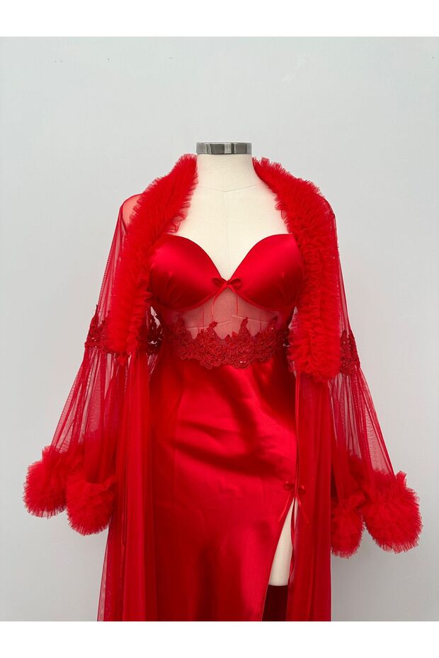 Lena Homewears Lena Red Tulle Long Dressing Gown Long Satin Nightgown Double Custom Bridal Set ...