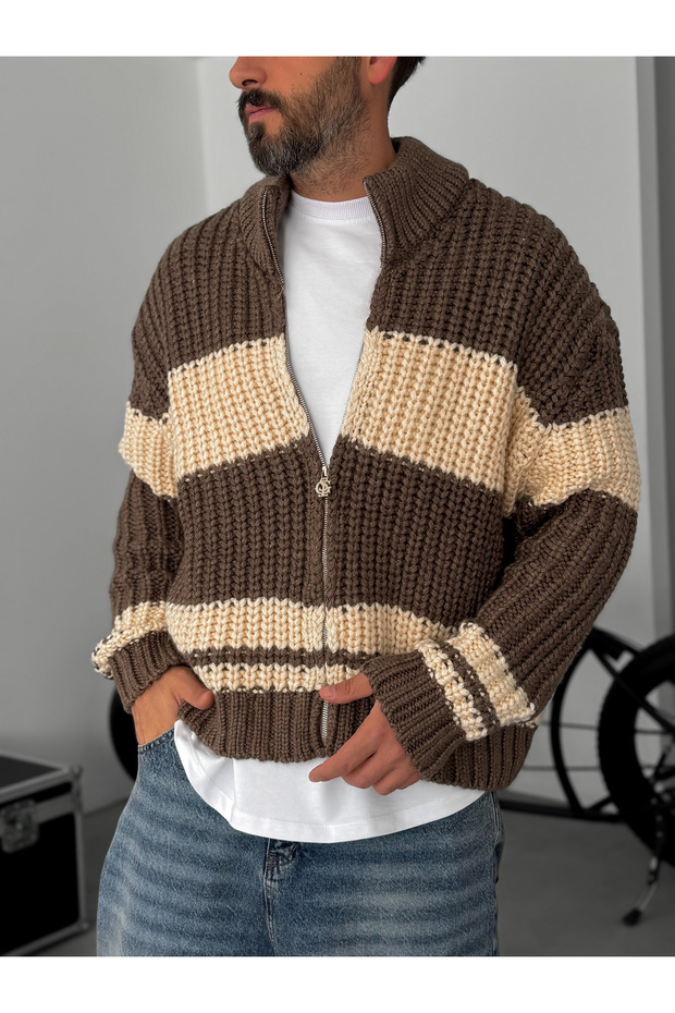 BYBASICMAN Kahve Fermuarlı Şeritli Örme Hırka G-3005 - Fiyatı, Yorumları
