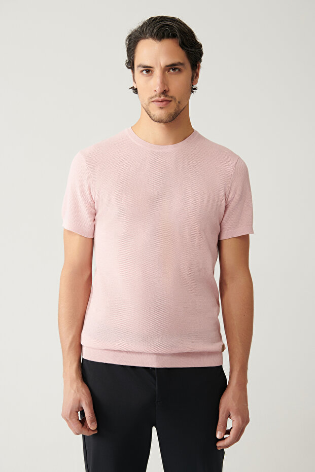 Avva Men's Light Pink Crew Neck Textured Knit T-Shirt E005027- Trendyol