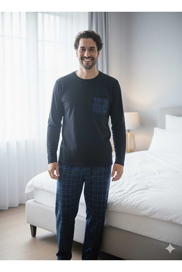 Sude HOMEWEAR Men's Plaid Pocketed Long-Sleeve Pajama Set- Trendyol