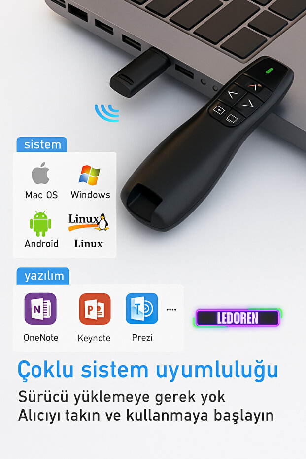 L'eDoren 2.4GHz Kablosuz Power Point Kalem Tıklayıcı USB Uzaktan ...