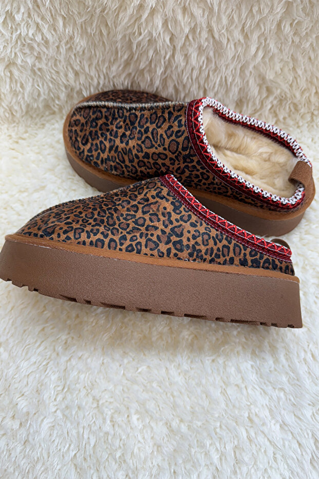 M Miel Women's Striped Slippers Thick Sole Leopard Pattern- Trendyol