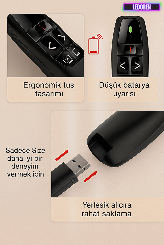 L'eDoren 2.4GHz Kablosuz Power Point Kalem Tıklayıcı USB Uzaktan ...