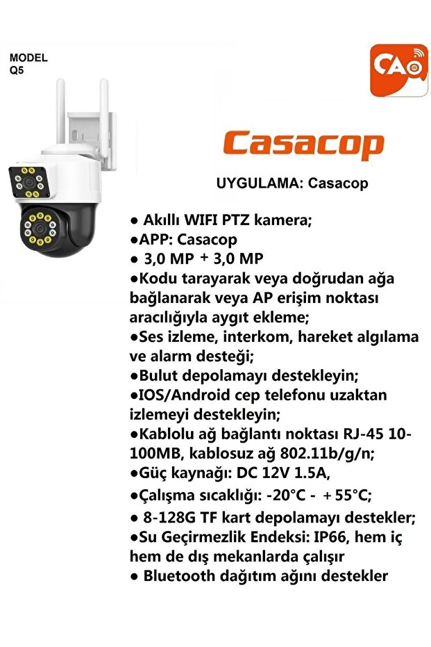 Casacop 4K-CASACOP-Q5-WİFİ-BAHÇE VE GÜVENLİK KAMERASI - Fiyatı, Yorumları