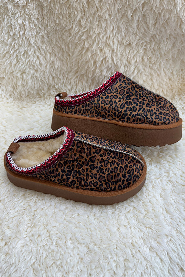 M Miel Women's Striped Slippers Thick Sole Leopard Pattern- Trendyol