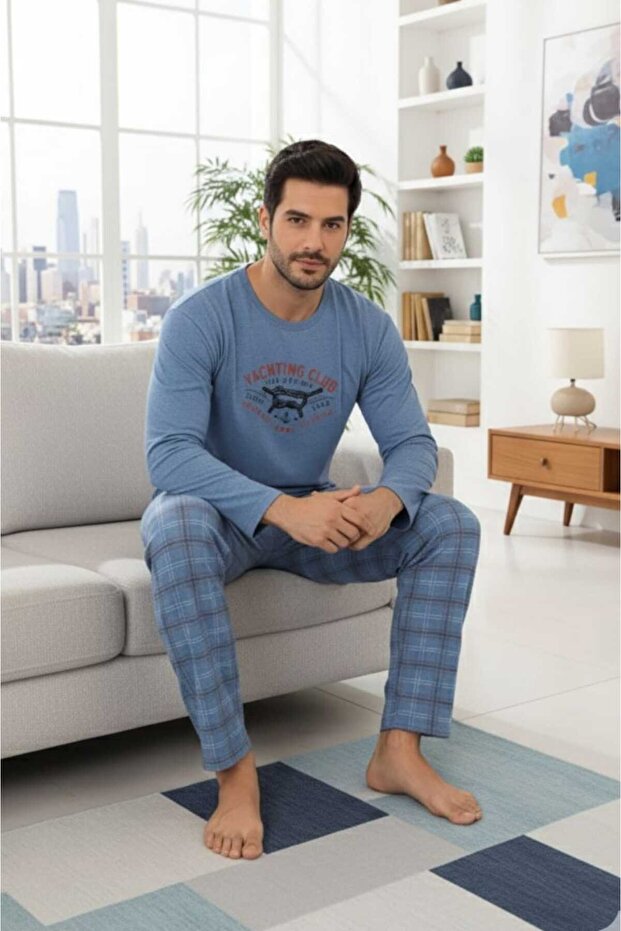 Sude HOMEWEAR Erkek Mavi Renk Önü Yazılı Uzun Kol Pijama Takımı ...
