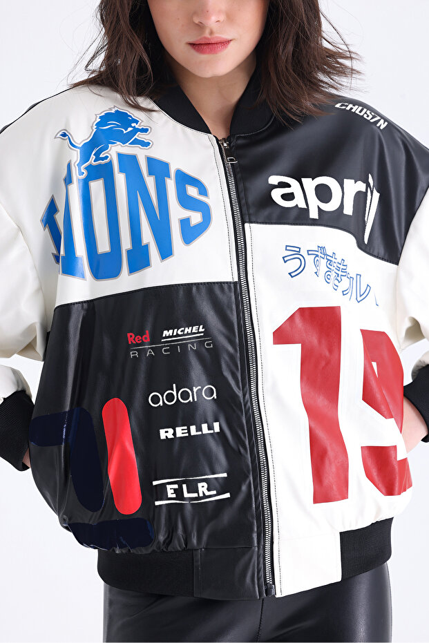 Black Level Women's Oversize Printed Leather Biker Coat Zippered Racer ...