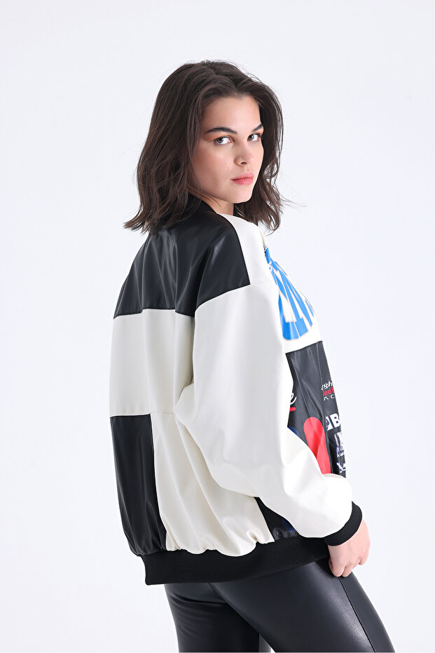 Black Level Women's Oversize Printed Leather Biker Coat Zippered Racer ...