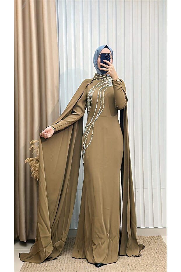 MERVE TESETTÜR Cape and Stone Evening Dress- Trendyol