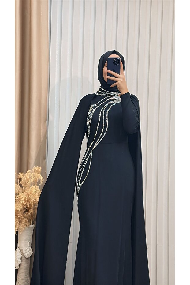 MERVE TESETTÜR Cape and Stone Evening Dress- Trendyol