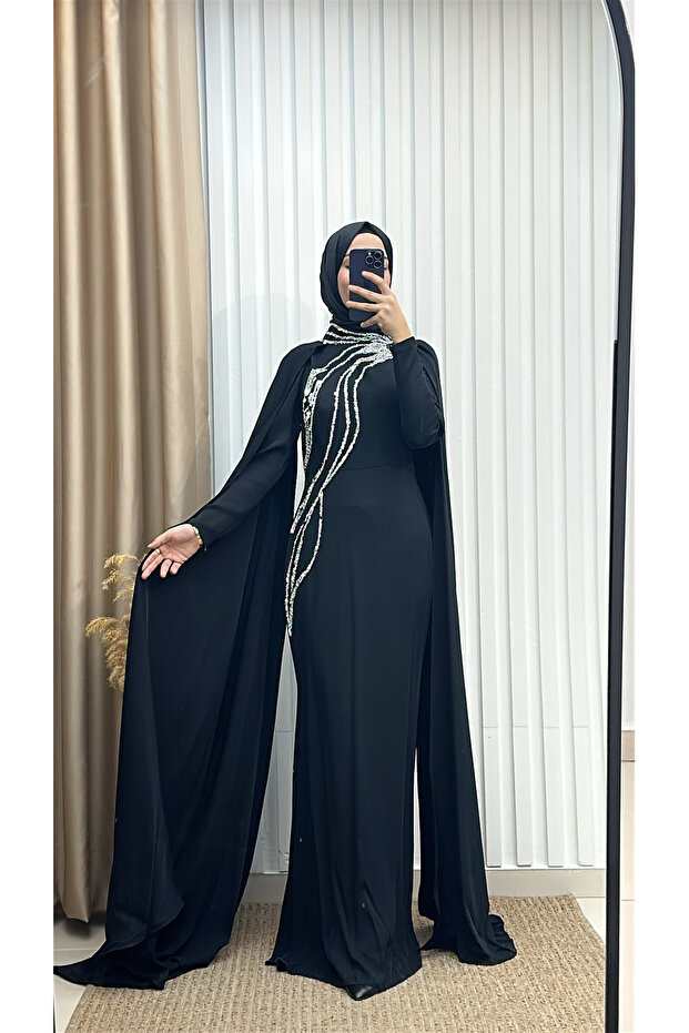 MERVE TESETTÜR Cape and Stone Evening Dress- Trendyol