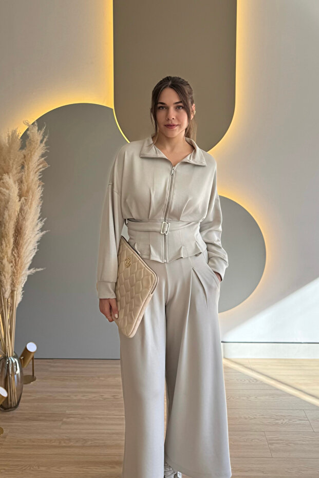 Aventien Premium Modal Fabric Belted Beige Double Suit- Trendyol