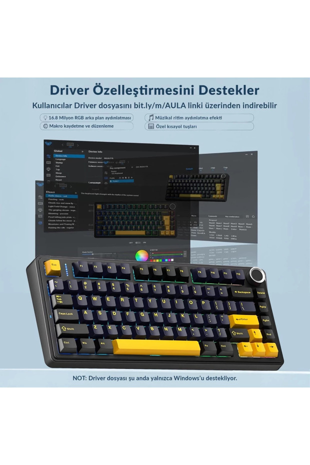 Aula F75 Mekanik RGB TKL Reaper Switch Kablosuz Makrolu Hot Swap Klavye ...