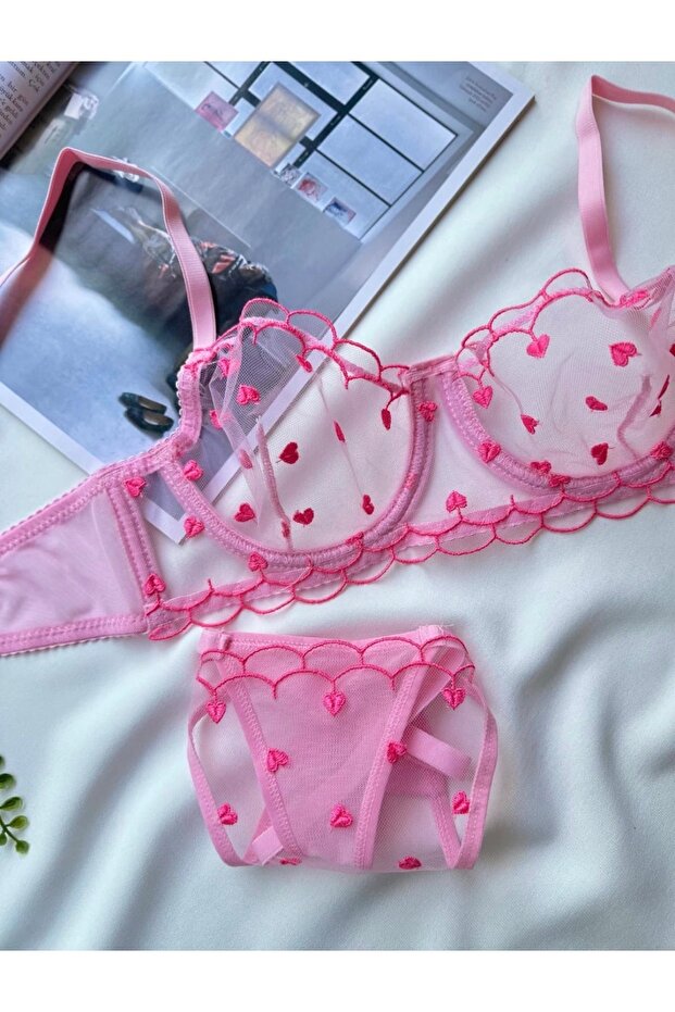 DİA SENSE Pembe Kalp Nakışlı Transparan Bralet Sütyen & Tanga Takımı ...