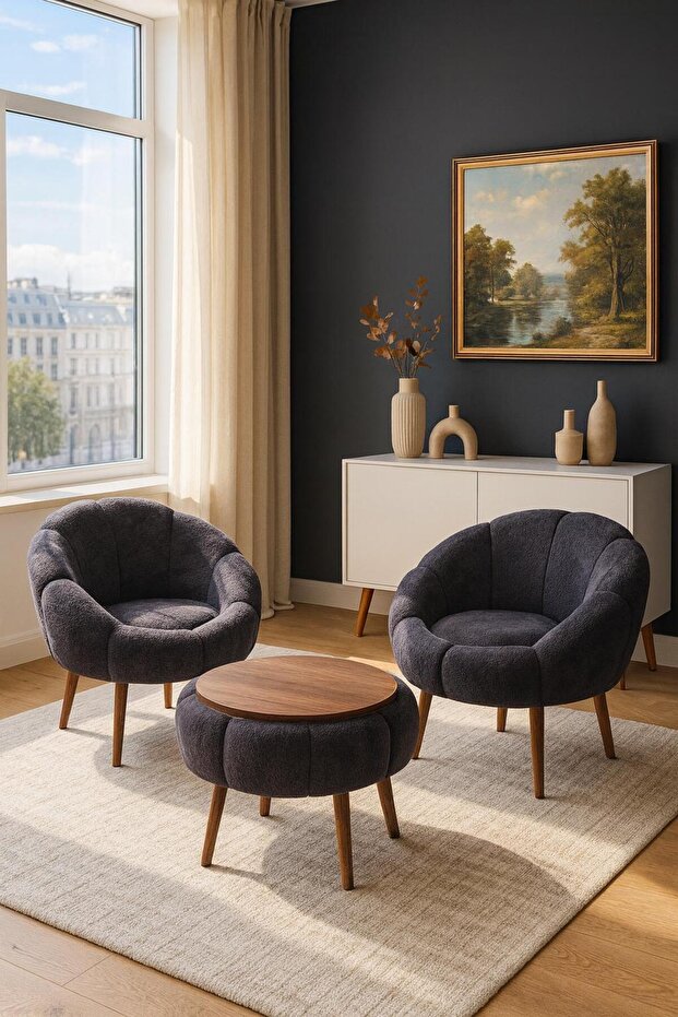 KOKİ DESİGN LİDA Antrasit Wellsoft Peluş Kumaş İkili Berjer Seti ÖZEL SEHPALI (Salon, Balkon ...