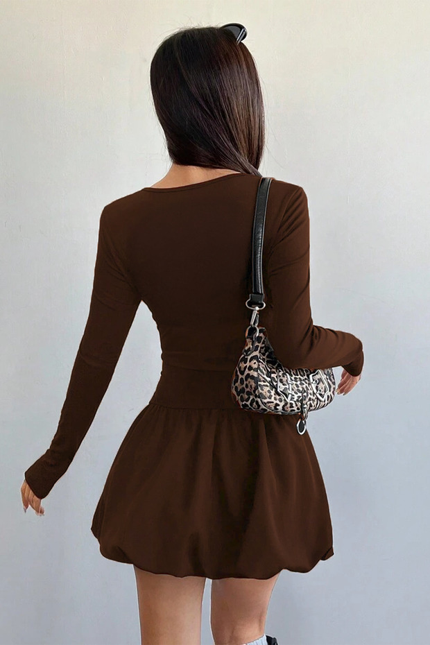 ecemore Square Neck Side Gathered Balloon Skirt Long Sleeve Brown Mini ...