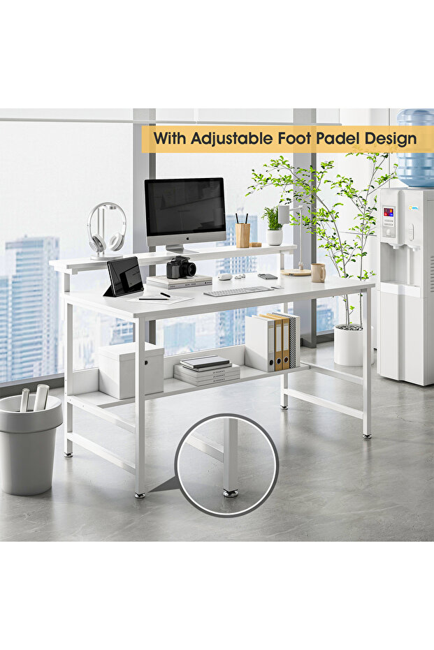 Venpara Study Desk with Monitor Stand & Bookshelf, Office Desk with ...
