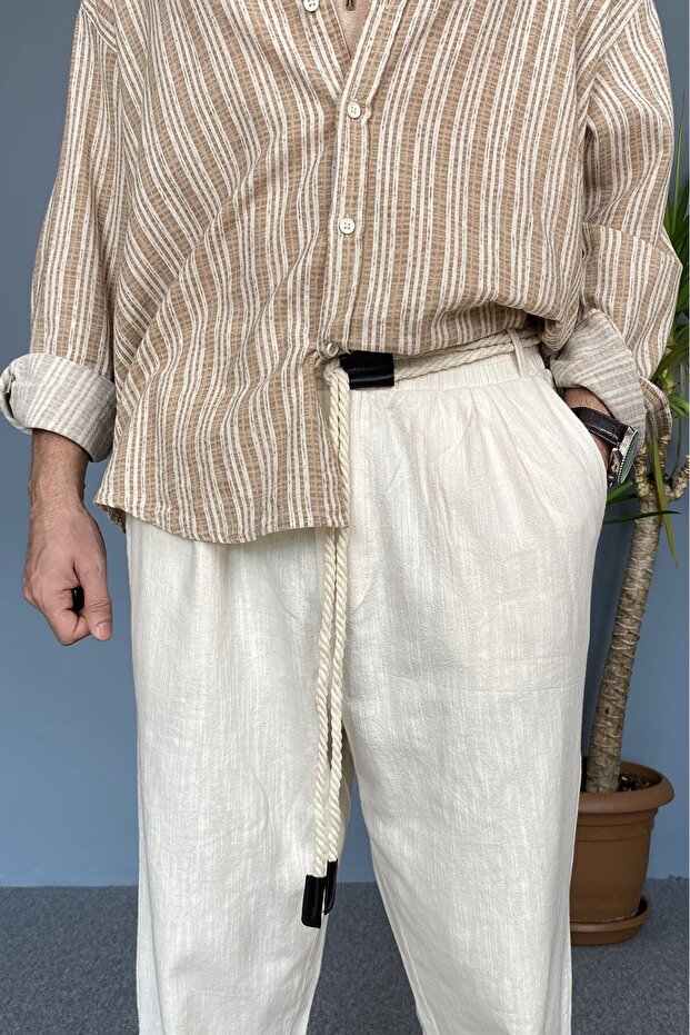 Alışveriş Sokağı Rahat Kesim Keten Kumaş Bağcıklı Krem Renk Baggy ...