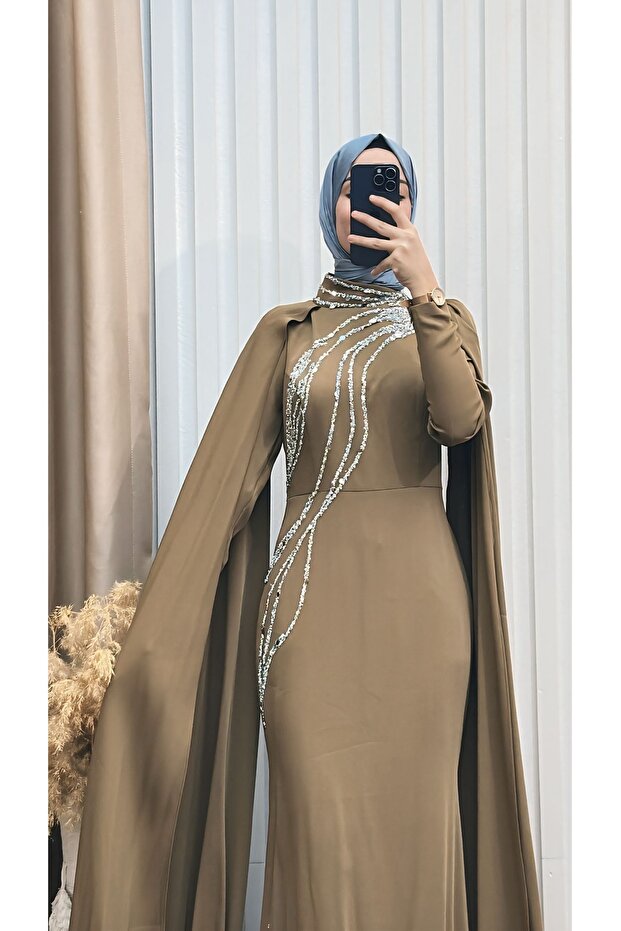 MERVE TESETTÜR Cape and Stone Evening Dress- Trendyol