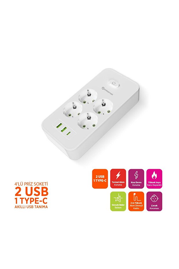 Polosmart MP25 Akım Korumalı Uzatma Kablosu 4'lü Priz 2 USB Type-C PD ...