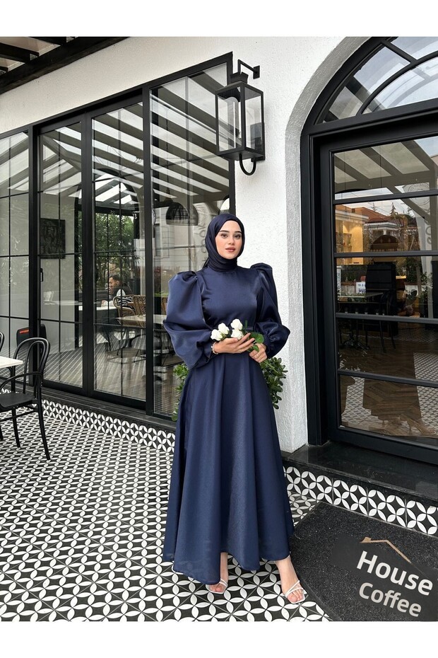 By Atelier Navy Blue Glitter Hazel Hijab Evening Dress- Trendyol