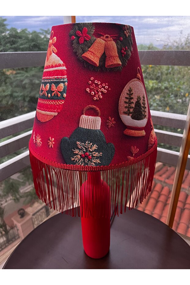 MAİSON ALİSA Handmade Dekoratif Kırmızı Noel Saçaklı Abajur Cam Şişe ...