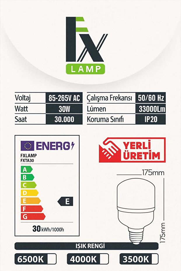 Ferled FX 30W Torch LED Ampul Beyaz Işık 6500K E27 Duy – Güçlü ...